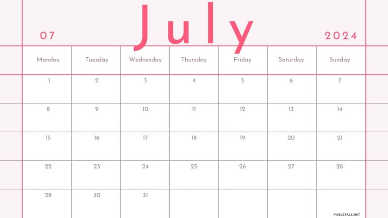 July 2024 Backgrounds Calendar - PixelsTalk
